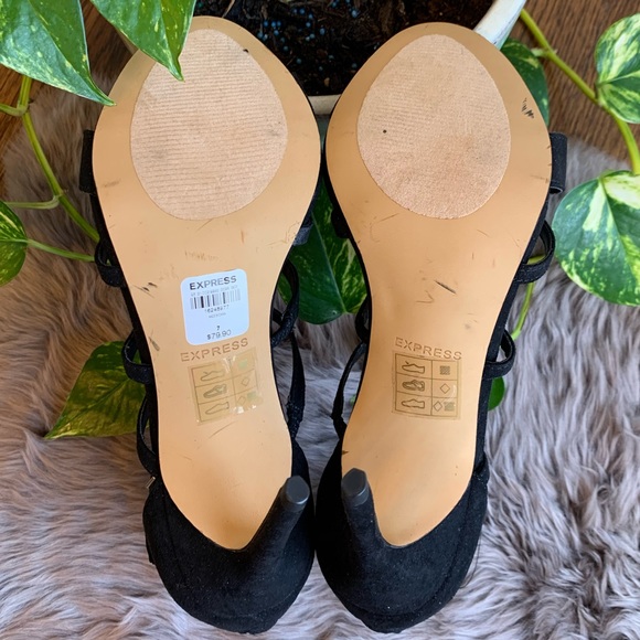Express | Shoes | Express Strappy Caged Heels New Black Faux Suede 7 ...